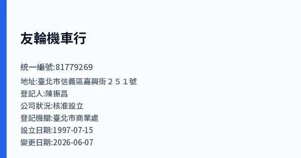 友輪機車行的照片-統編 81779269(臺北市) 公司登記資料與營業項目詳細圖表