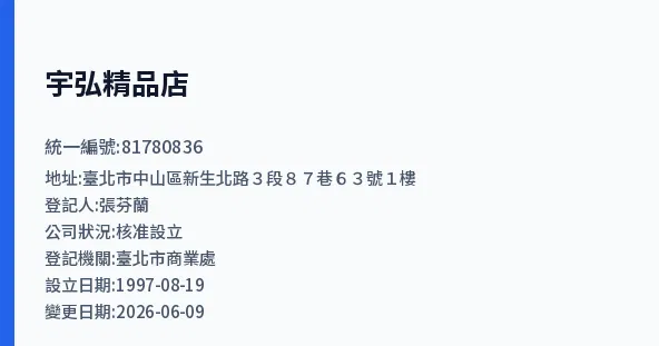 宇弘精品店的照片-統編 81780836(臺北市) 公司登記資料與營業項目詳細圖表
