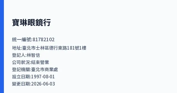 寶琳眼鏡行的照片-統編 81782102(臺北市) 公司登記資料與營業項目詳細圖表