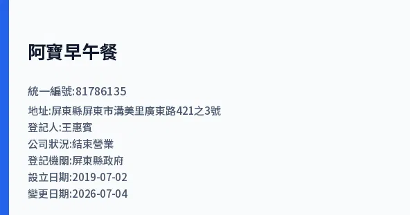 阿寶早午餐的照片-統編 81786135(屏東縣) 公司登記資料與營業項目詳細圖表