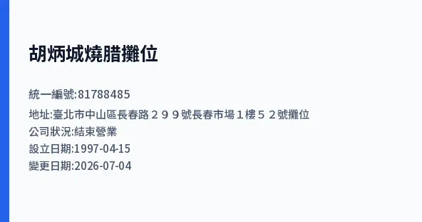 胡炳城燒腊攤位的照片-統編 81788485(臺北市) 公司登記資料與營業項目詳細圖表