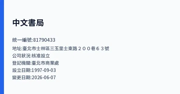 中文書局的照片-統編 81790433(臺北市) 公司登記資料與營業項目詳細圖表