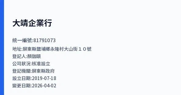 大靖企業行的照片-統編 81791073(屏東縣) 公司登記資料與營業項目詳細圖表