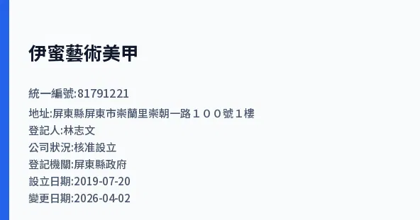 伊蜜藝術美甲的照片-統編 81791221(屏東縣) 公司登記資料與營業項目詳細圖表