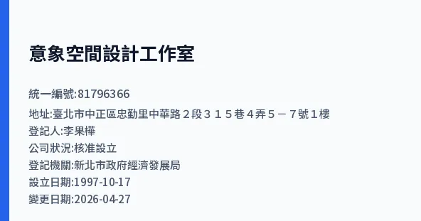 意象空間設計工作室的照片-統編 81796366(臺北市) 公司登記資料與營業項目詳細圖表