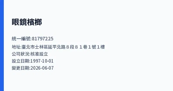眼鏡檳榔的照片-統編 81797225(臺北市) 公司登記資料與營業項目詳細圖表