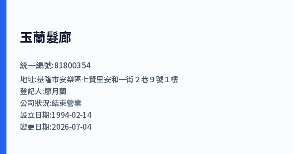 玉蘭髮廊的照片-統編 81800354(基隆市) 公司登記資料與營業項目詳細圖表