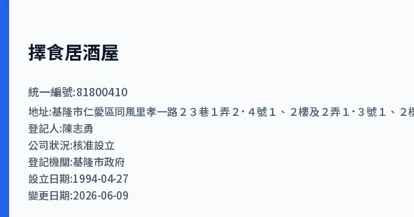 擇食居酒屋的照片-統編 81800410(基隆市) 公司登記資料與營業項目詳細圖表