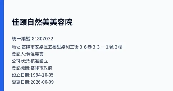 佳頤自然美美容院的照片-統編 81807032(基隆市) 公司登記資料與營業項目詳細圖表
