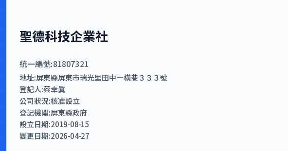 聖德科技企業社的照片-統編 81807321(屏東縣) 公司登記資料與營業項目詳細圖表
