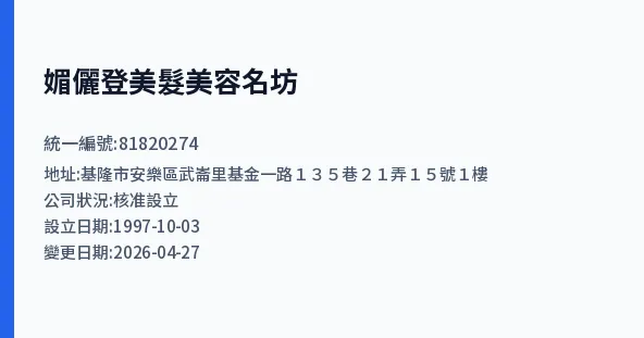 媚儷登美髮美容名坊的照片-統編 81820274(基隆市) 公司登記資料與營業項目詳細圖表