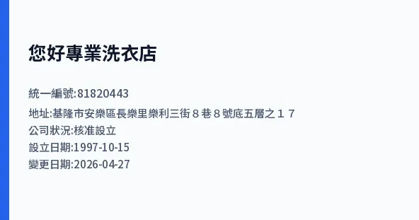 您好專業洗衣店的照片-統編 81820443(基隆市) 公司登記資料與營業項目詳細圖表