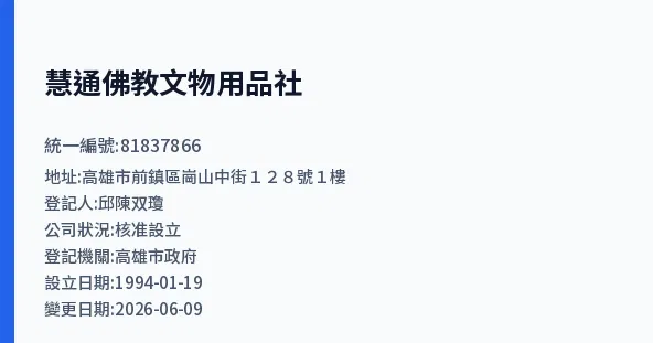 慧通佛教文物用品社的照片-統編 81837866(高雄市) 公司登記資料與營業項目詳細圖表