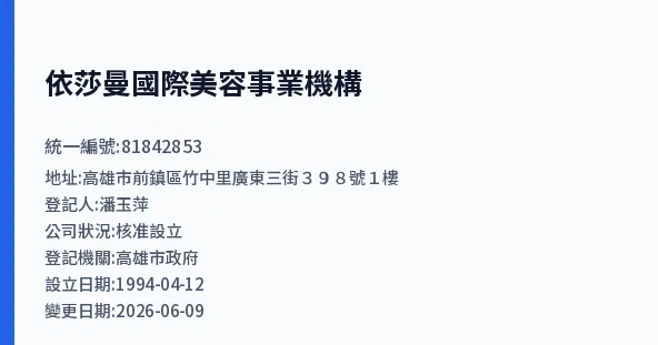 依莎曼國際美容事業機構的照片-統編 81842853(高雄市) 公司登記資料與營業項目詳細圖表