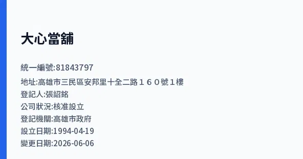 大心當舖的照片-統編 81843797(高雄市) 公司登記資料與營業項目詳細圖表
