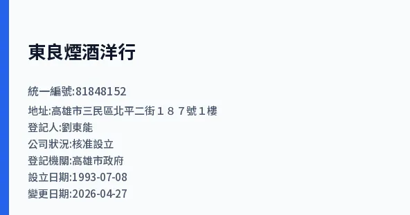 東良煙酒洋行的照片-統編 81848152(高雄市) 公司登記資料與營業項目詳細圖表