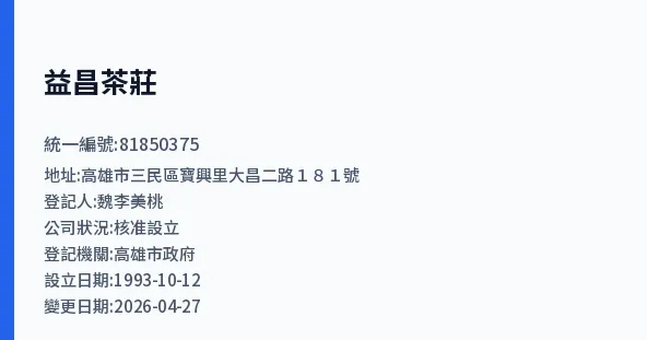 益昌茶莊的照片-統編 81850375(高雄市) 公司登記資料與營業項目詳細圖表