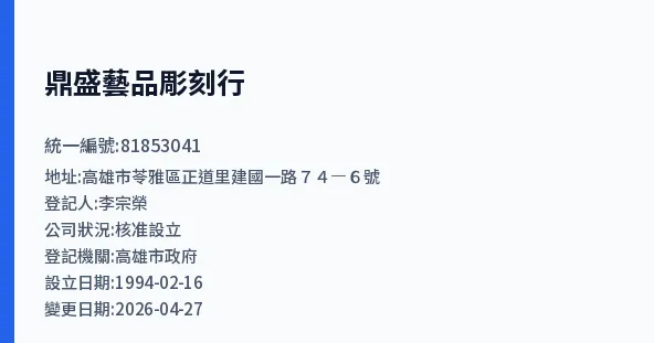 鼎盛藝品彫刻行的照片-統編 81853041(高雄市) 公司登記資料與營業項目詳細圖表