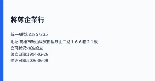 將尊企業行的照片-統編 81857335(高雄市) 公司登記資料與營業項目詳細圖表