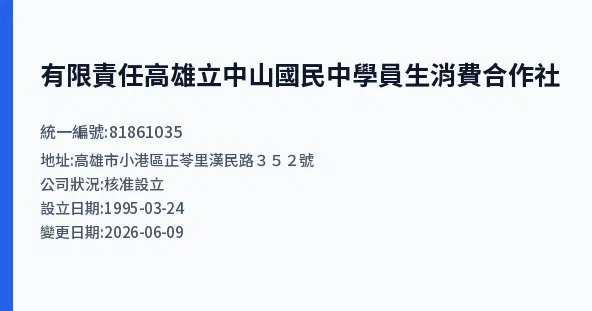 有限責任高雄立中山國民中學員生消費合作社的照片-統編 81861035(高雄市) 公司登記資料與營業項目詳細圖表