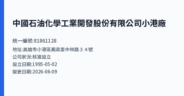中國石油化學工業開發股份有限公司小港廠的照片-統編 81861128(高雄市) 公司登記資料與營業項目詳細圖表