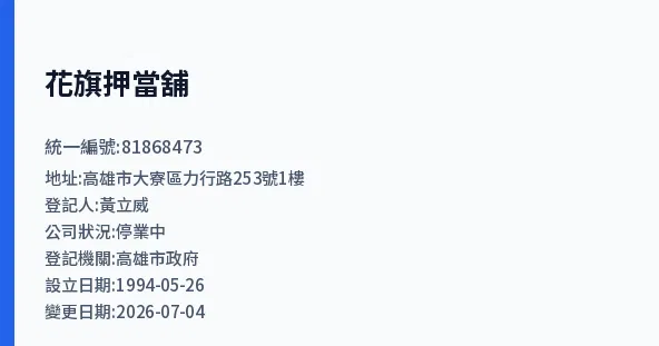 花旗押當舖的照片-統編 81868473(高雄市) 公司登記資料與營業項目詳細圖表
