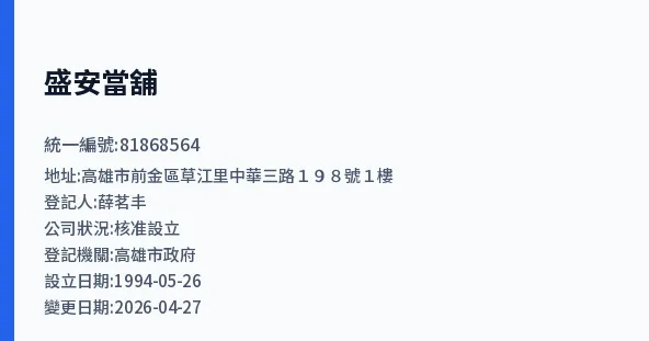 盛安當舖的照片-統編 81868564(高雄市) 公司登記資料與營業項目詳細圖表