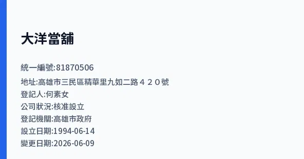 大洋當舖的照片-統編 81870506(高雄市) 公司登記資料與營業項目詳細圖表