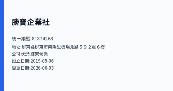 勝寶企業社的照片-統編 81874263(屏東縣) 公司登記資料與營業項目詳細圖表