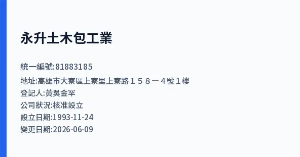 永升土木包工業的照片-統編 81883185(高雄市) 公司登記資料與營業項目詳細圖表