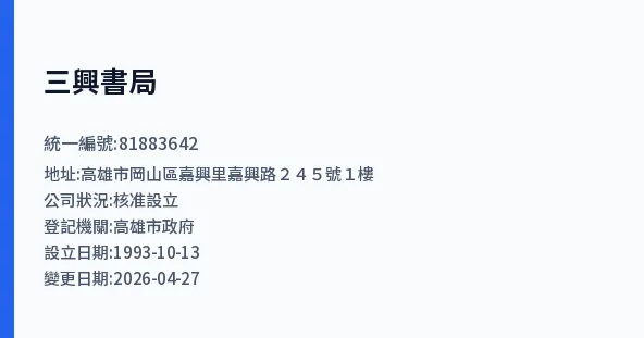 三興書局的照片-統編 81883642(高雄市) 公司登記資料與營業項目詳細圖表
