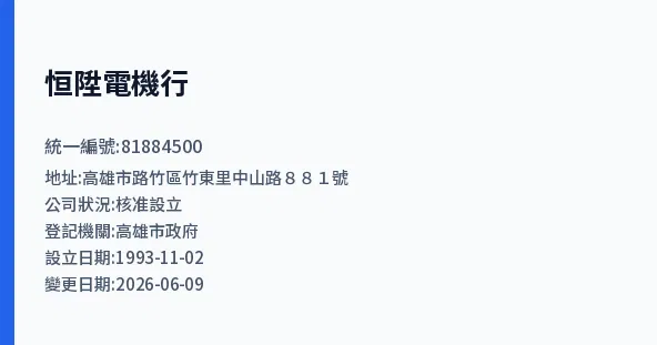 恒陞電機行的照片-統編 81884500(高雄市) 公司登記資料與營業項目詳細圖表