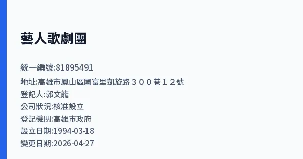 藝人歌劇團的照片-統編 81895491(高雄市) 公司登記資料與營業項目詳細圖表