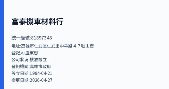 富泰機車材料行的照片-統編 81897343(高雄市) 公司登記資料與營業項目詳細圖表