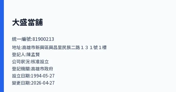 大盛當舖的照片-統編 81900213(高雄市) 公司登記資料與營業項目詳細圖表