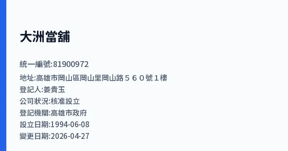 大洲當舖的照片-統編 81900972(高雄市) 公司登記資料與營業項目詳細圖表