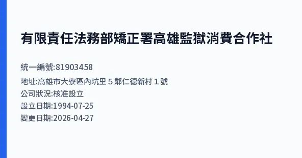 有限責任法務部矯正署高雄監獄消費合作社的照片-統編 81903458(高雄市) 公司登記資料與營業項目詳細圖表