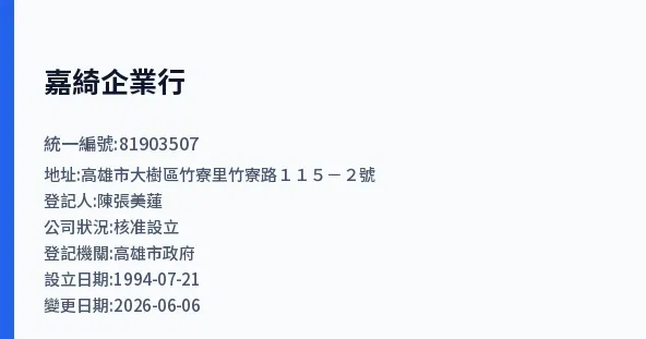 嘉綺企業行的照片-統編 81903507(高雄市) 公司登記資料與營業項目詳細圖表