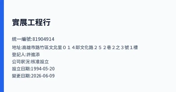 實展工程行的照片-統編 81904914(高雄市) 公司登記資料與營業項目詳細圖表