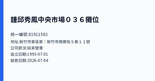 鍾邱秀鳳中央市場036攤位的照片-統編 81911582(新竹市) 公司登記資料與營業項目詳細圖表