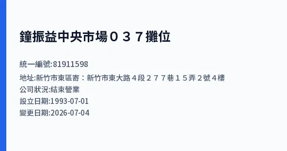 鐘振益中央市場037攤位的照片-統編 81911598(新竹市) 公司登記資料與營業項目詳細圖表
