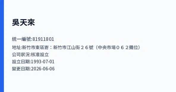 吳天來的照片-統編 81911801(新竹市) 公司登記資料與營業項目詳細圖表