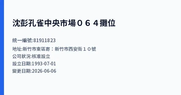 沈彭孔雀中央市場064攤位的照片-統編 81911823(新竹市) 公司登記資料與營業項目詳細圖表