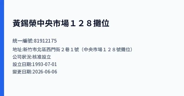 黃錫榮中央市場128攤位的照片-統編 81912175(新竹市) 公司登記資料與營業項目詳細圖表