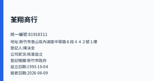 荃翔商行的照片-統編 81918311(新竹市) 公司登記資料與營業項目詳細圖表