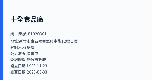 十全食品廠的照片-統編 81920301(新竹市) 公司登記資料與營業項目詳細圖表