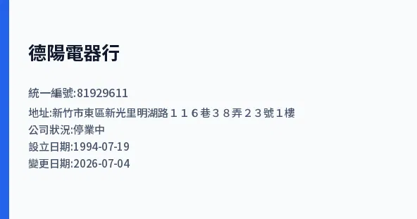 德陽電器行的照片-統編 81929611(新竹市) 公司登記資料與營業項目詳細圖表