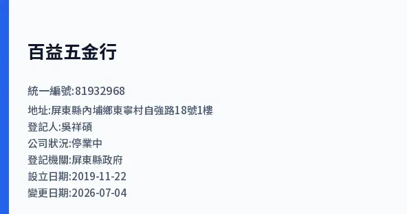 百益五金行的照片-統編 81932968(屏東縣) 公司登記資料與營業項目詳細圖表