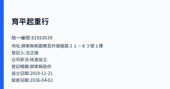 育平起重行的照片-統編 81933039(屏東縣) 公司登記資料與營業項目詳細圖表