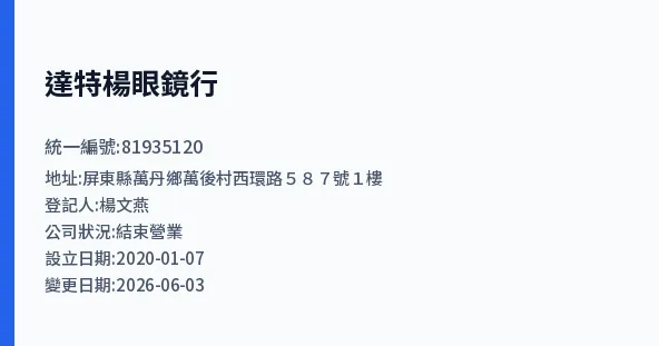 達特楊眼鏡行的照片-統編 81935120(屏東縣) 公司登記資料與營業項目詳細圖表